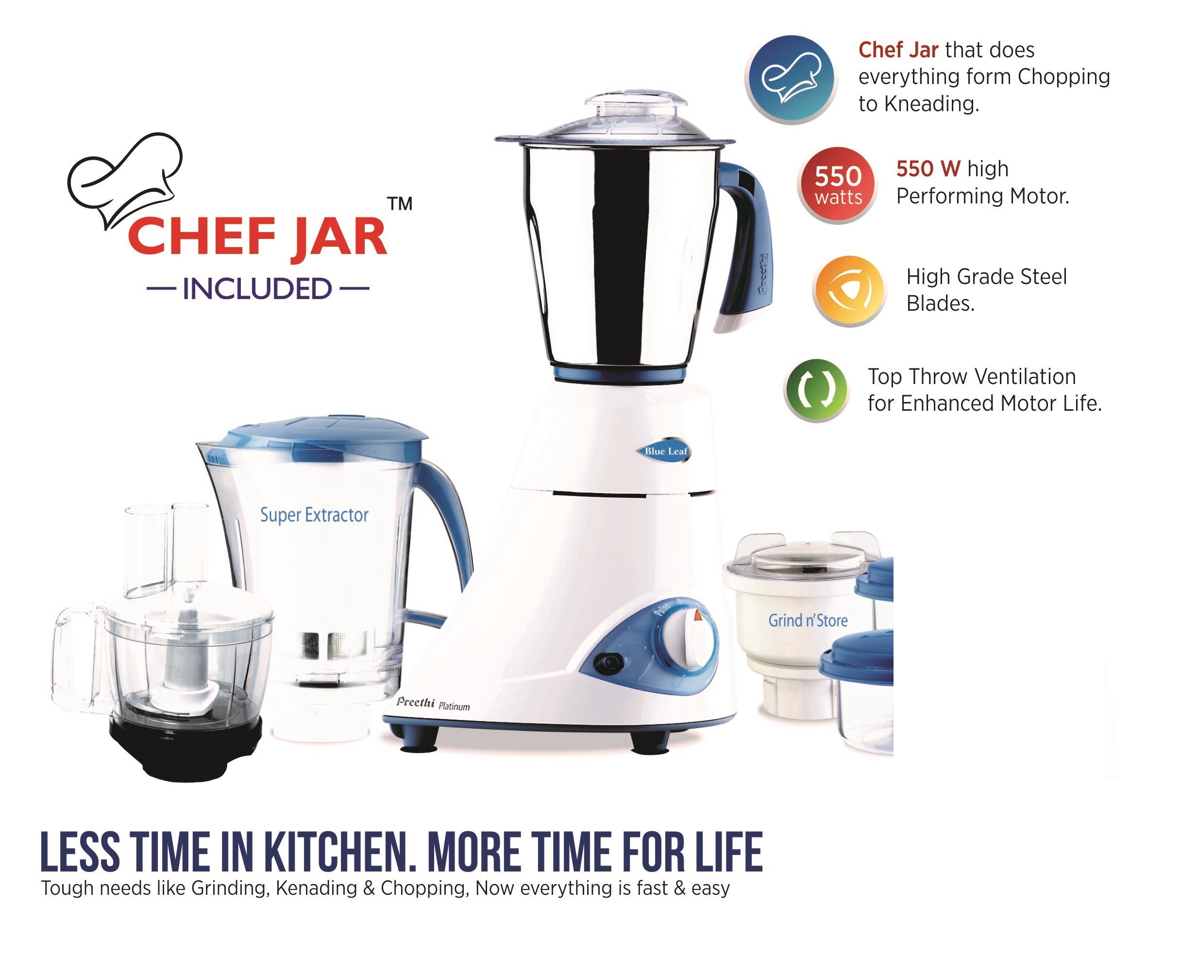 Indian Mixer Grinder 110V | Preethi Blue Leaf with Chef Jar